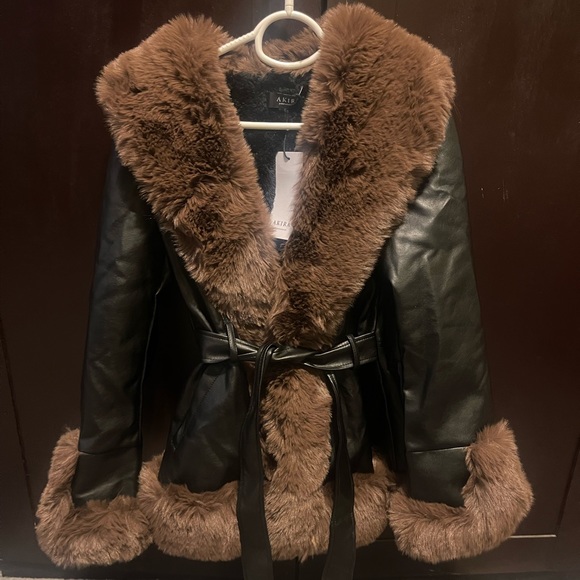 Jackets & Coats | Akira Azalea Wang Faux Fur Trim Peplum Moto In Brown | Poshmark